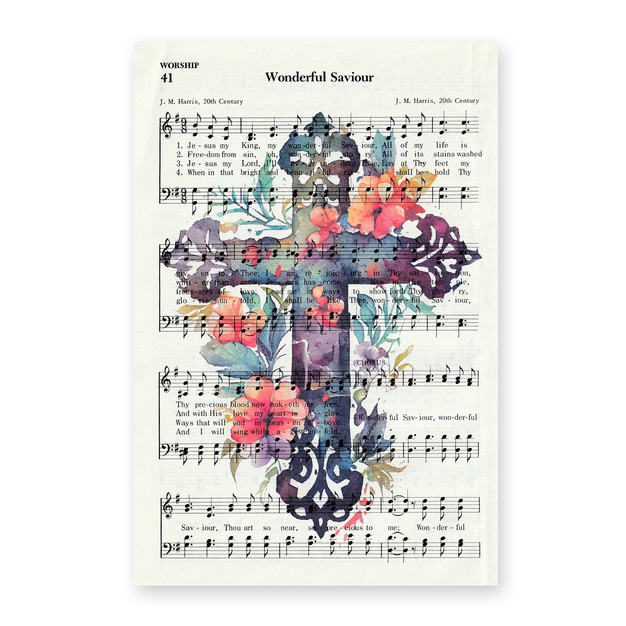 Hymn Art Print Floral Watercolor Cross Art Print Upcycled - Etsy
