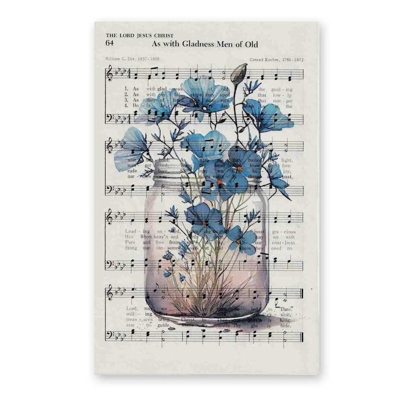Blue Floral Art Print - Hymnal Page Art Print - Floral Watercolor Art ...