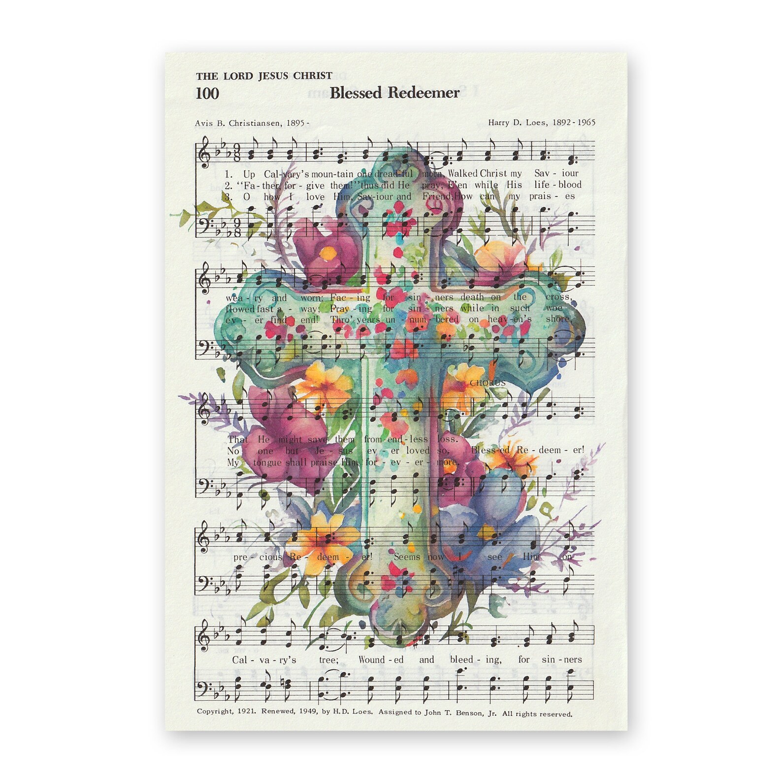 Hymnal Page Art Print - Floral Watercolor Cross Art Print - Upcycled ...