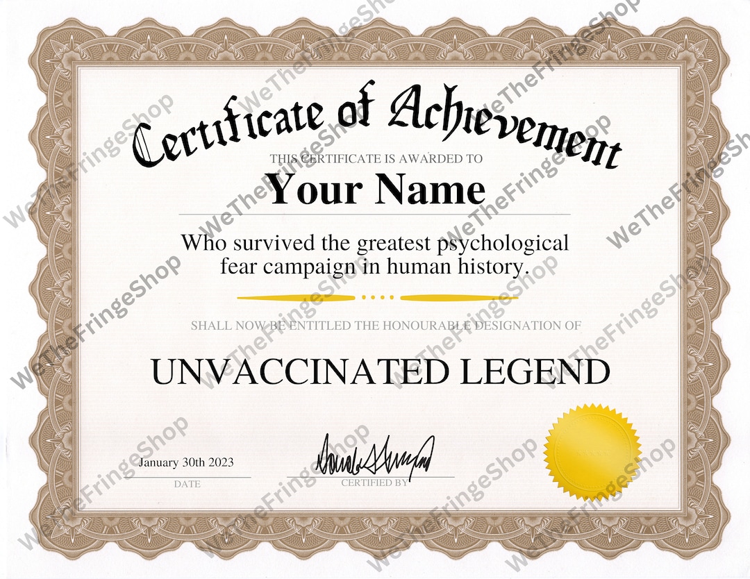 Customizable / Printable Unvaccinated Legend Certificate of Achievement ...