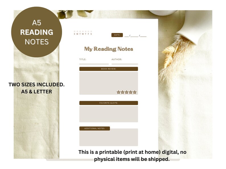 Printable Reading Journal Insert, Minimalist Book Review (digital ...