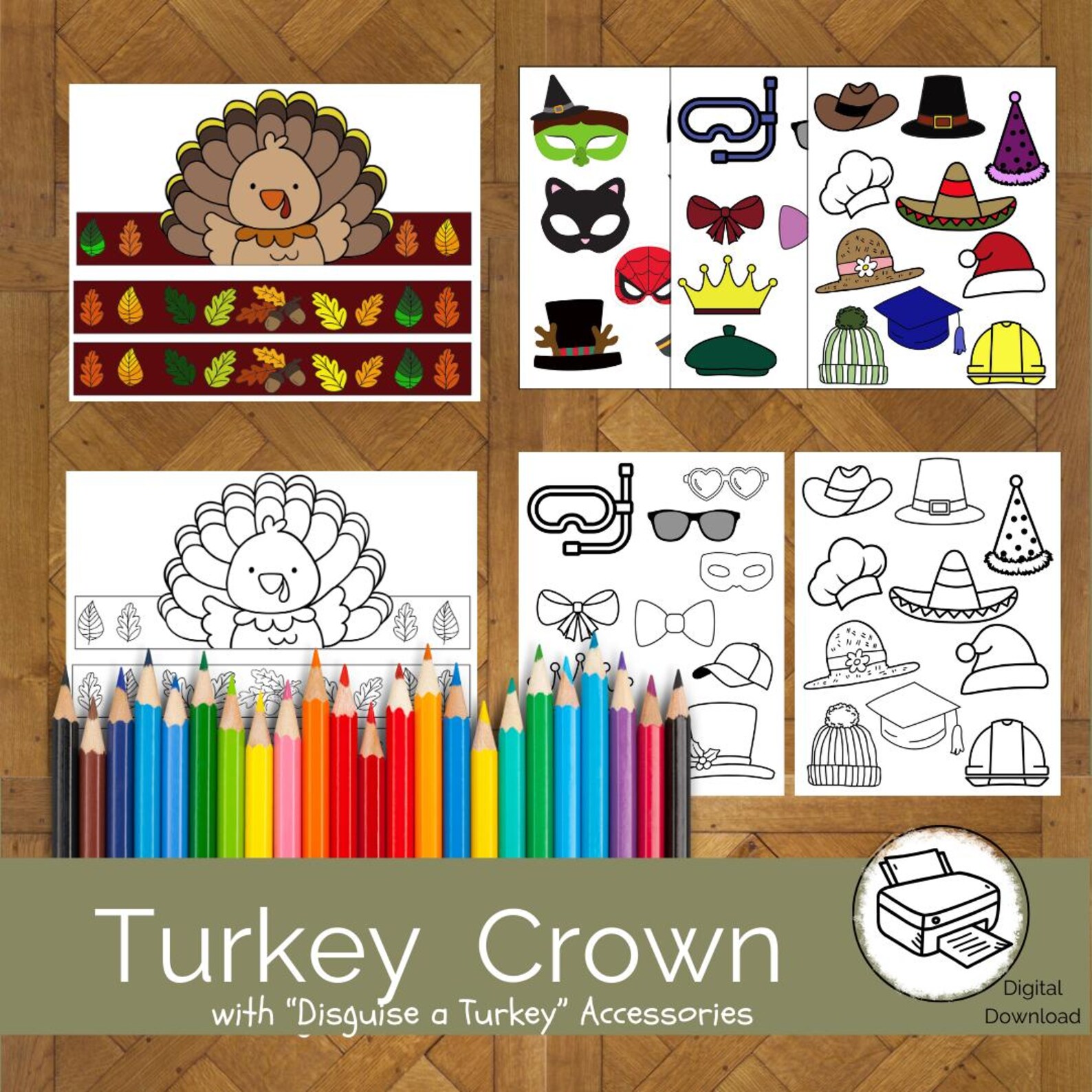 Thanksgiving Turkey Crown Craft: Coloring Paper Hat (digital Download ...