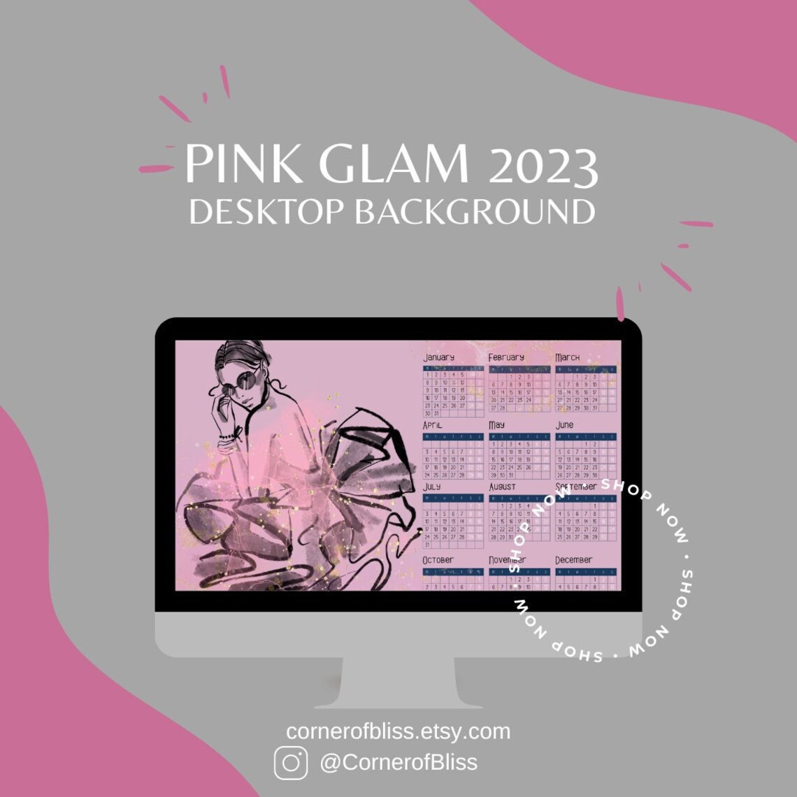 2023 Pink Glam Desktop Wallpaper Calendar - Etsy