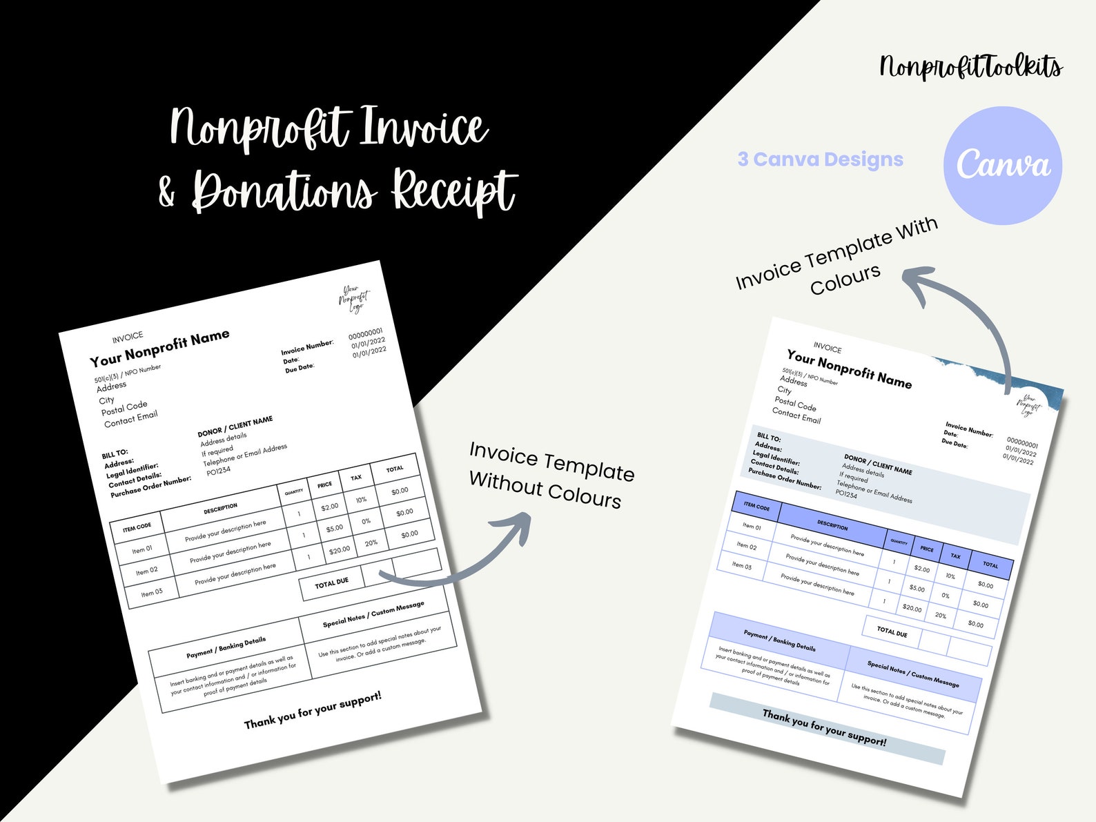 Nonprofit Invoice and Donations Receipt Templates / Charity - Etsy