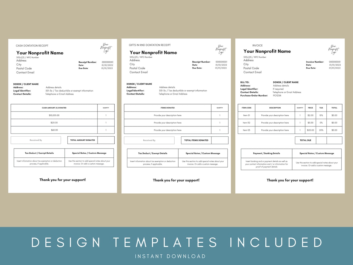 Nonprofit Invoice and Donations Receipt Templates / Charity | Etsy