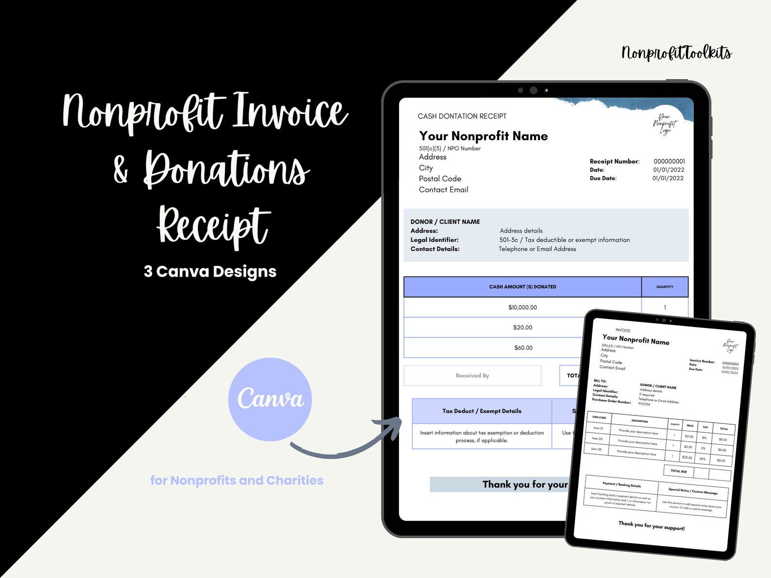 Nonprofit Invoice and Donations Receipt Templates / Charity - Etsy