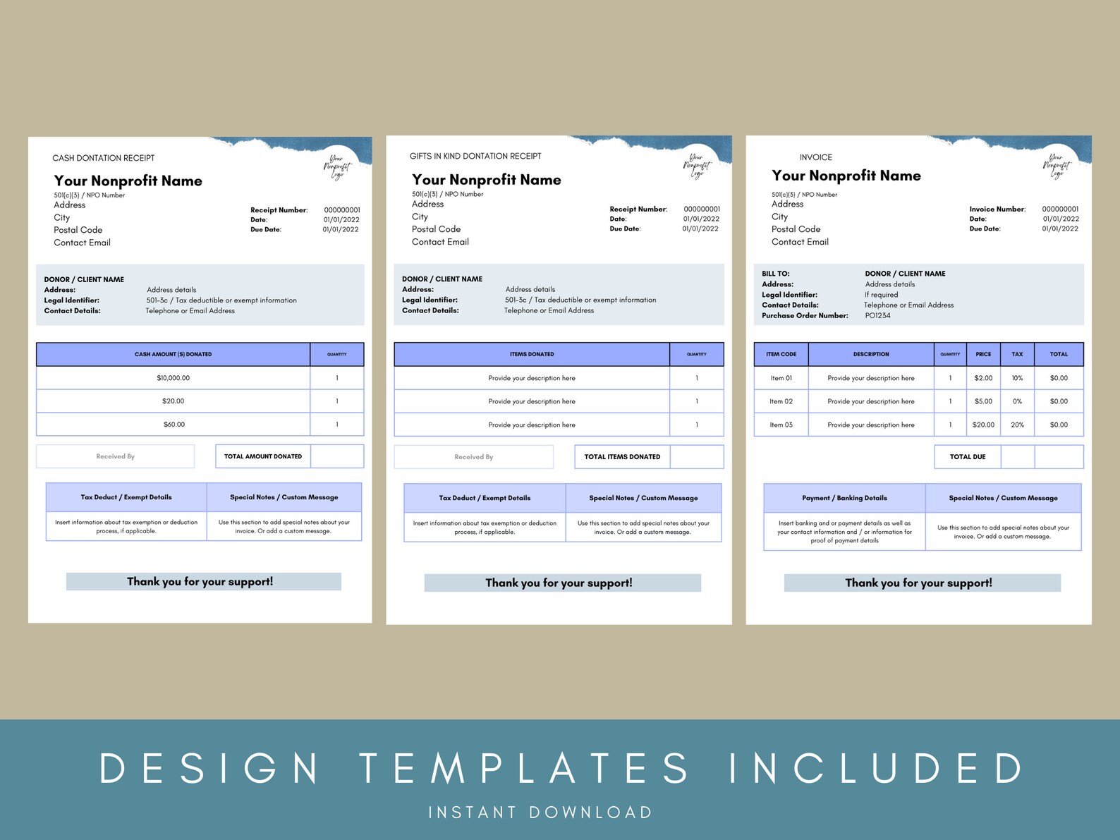 Nonprofit Invoice and Donations Receipt Templates / Charity | Etsy