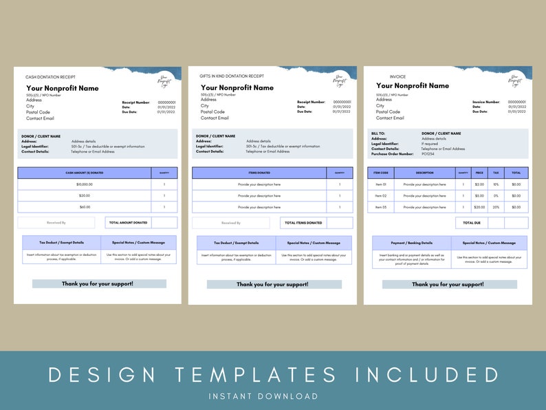 Nonprofit Invoice and Donations Receipt Templates / Charity | Etsy