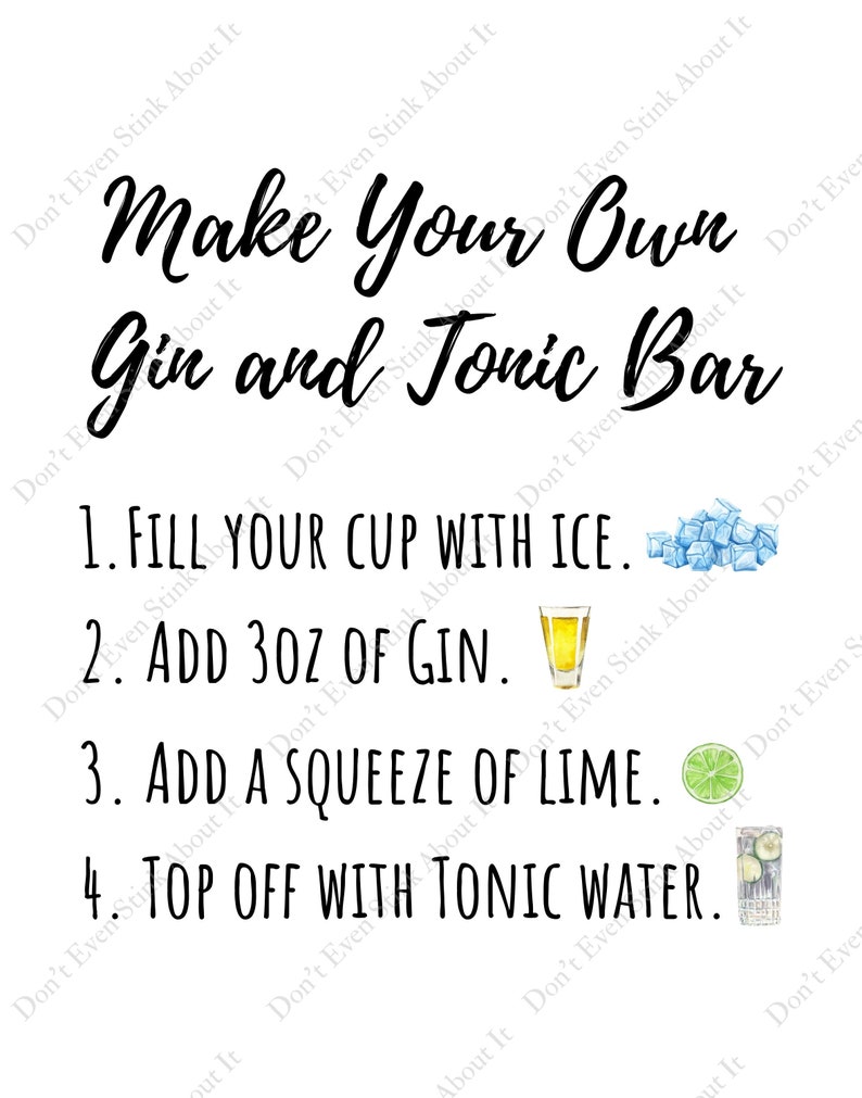 Make Your Own Gin and Tonic Bar Menu Art 11"x14" Template- DIGITAL ...