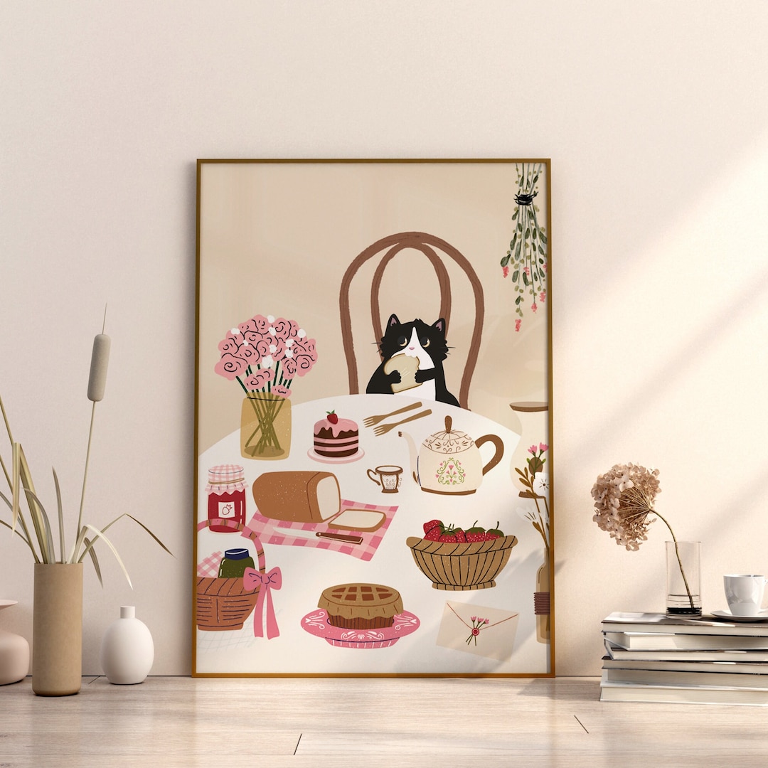 Toast Cat Print Coffee Dessert Print Coffee Cat Poster Bread Cat ...