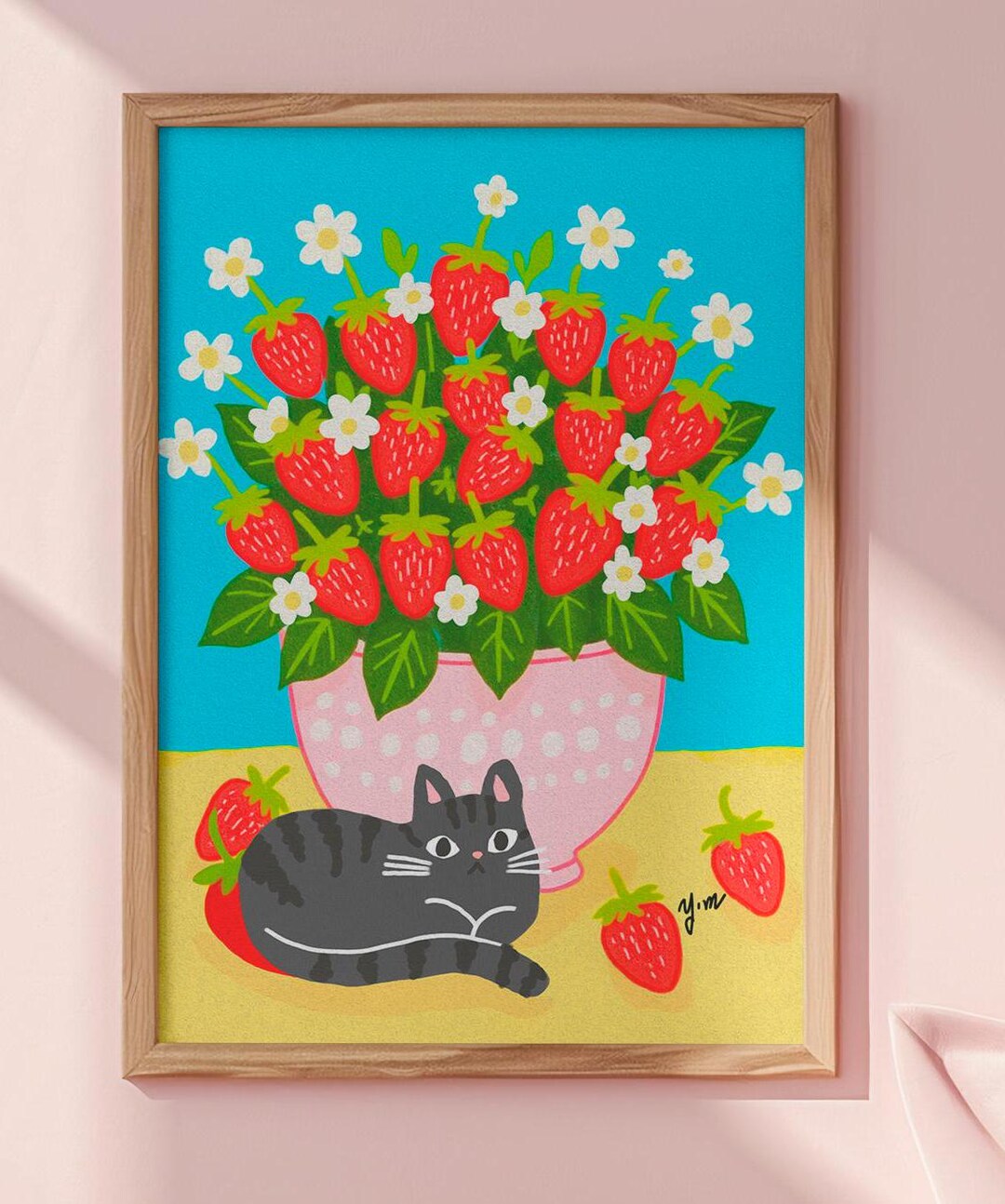 Retro Strawberry Print Girly Yellow Aesthetic Kitchen Wall Art Poster ...