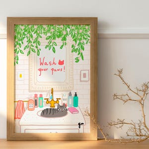 Wash Your Paws Print Cat Cute Bathroom Wash Room Childrens Washing up ...