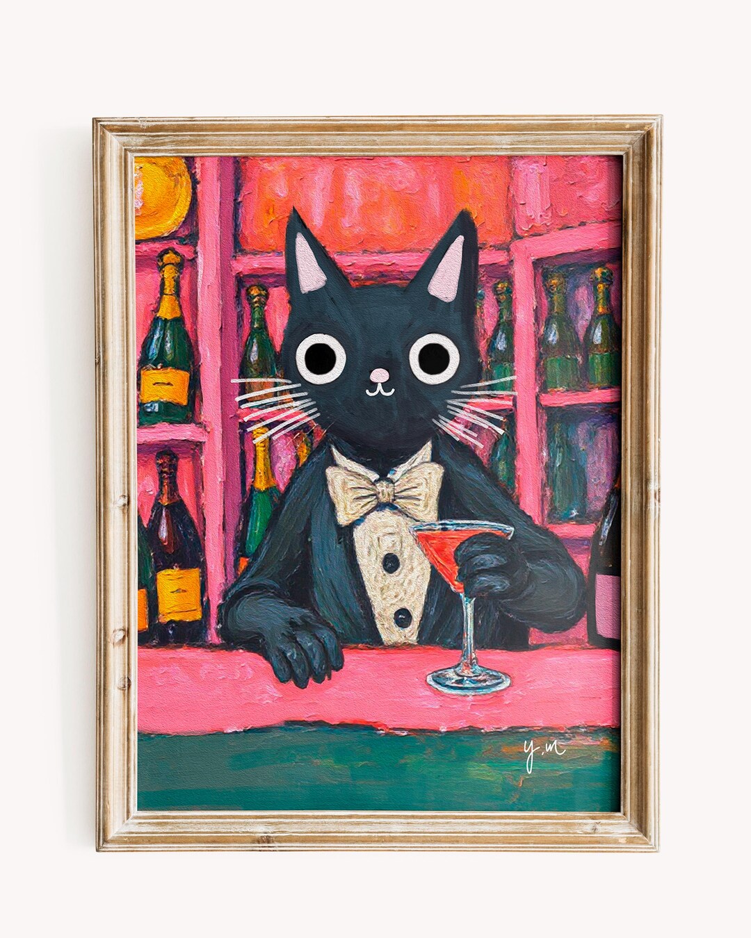 Champagne Cat Art Black Cat Print Wine Cat Illustration Funny Cat Print ...