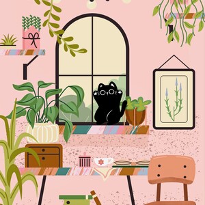 Cat Wall Art Black Cat Living Room Decor Cat Poster Boho Plant Cat ...