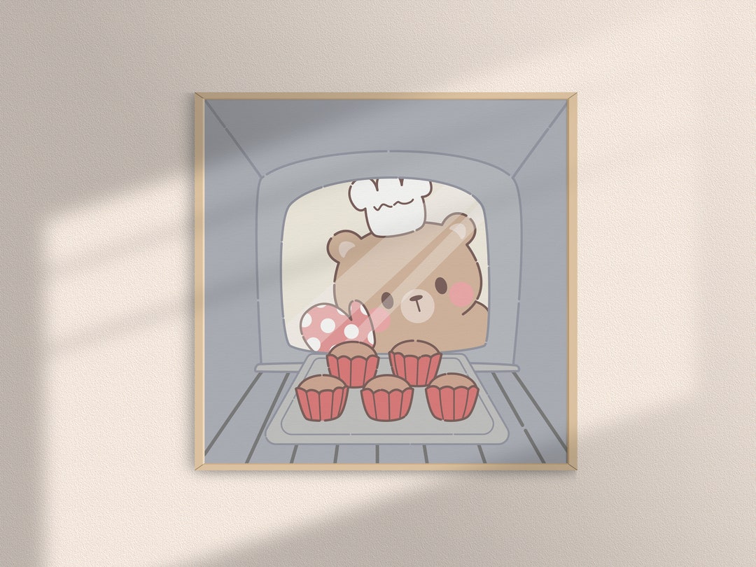 Square Kawaii Baking Artwork Cute Bear Poster Kidsroom Art Oven & Bear ...