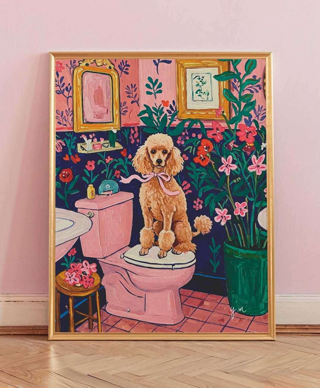 Toy Poodle on Toilet Aesthetic Pink Bathroom Wall Art Henri Matisse Art ...