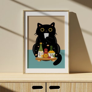 Korean Food Soju Alcohol Drinking Black Cat Print Cute Kitchen Wall Art ...
