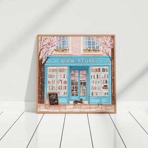 Bookshop Wall Art Vintage Bookstore With Cute Cat Illustration Cozy ...
