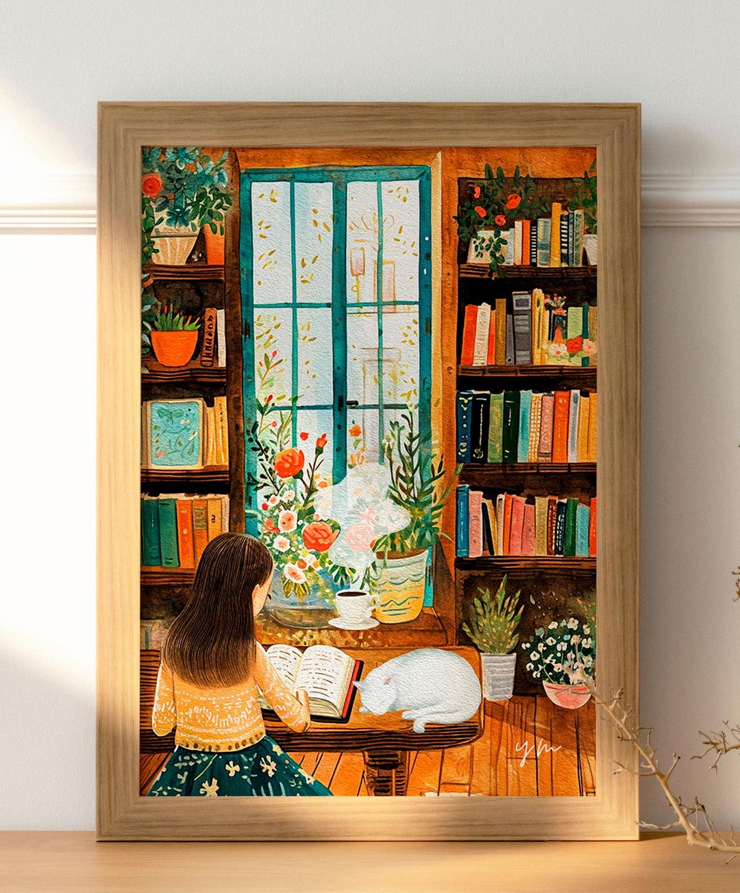 Bookshelf Reading Nook Wall Art Girl and White Cat Unique Gift for ...