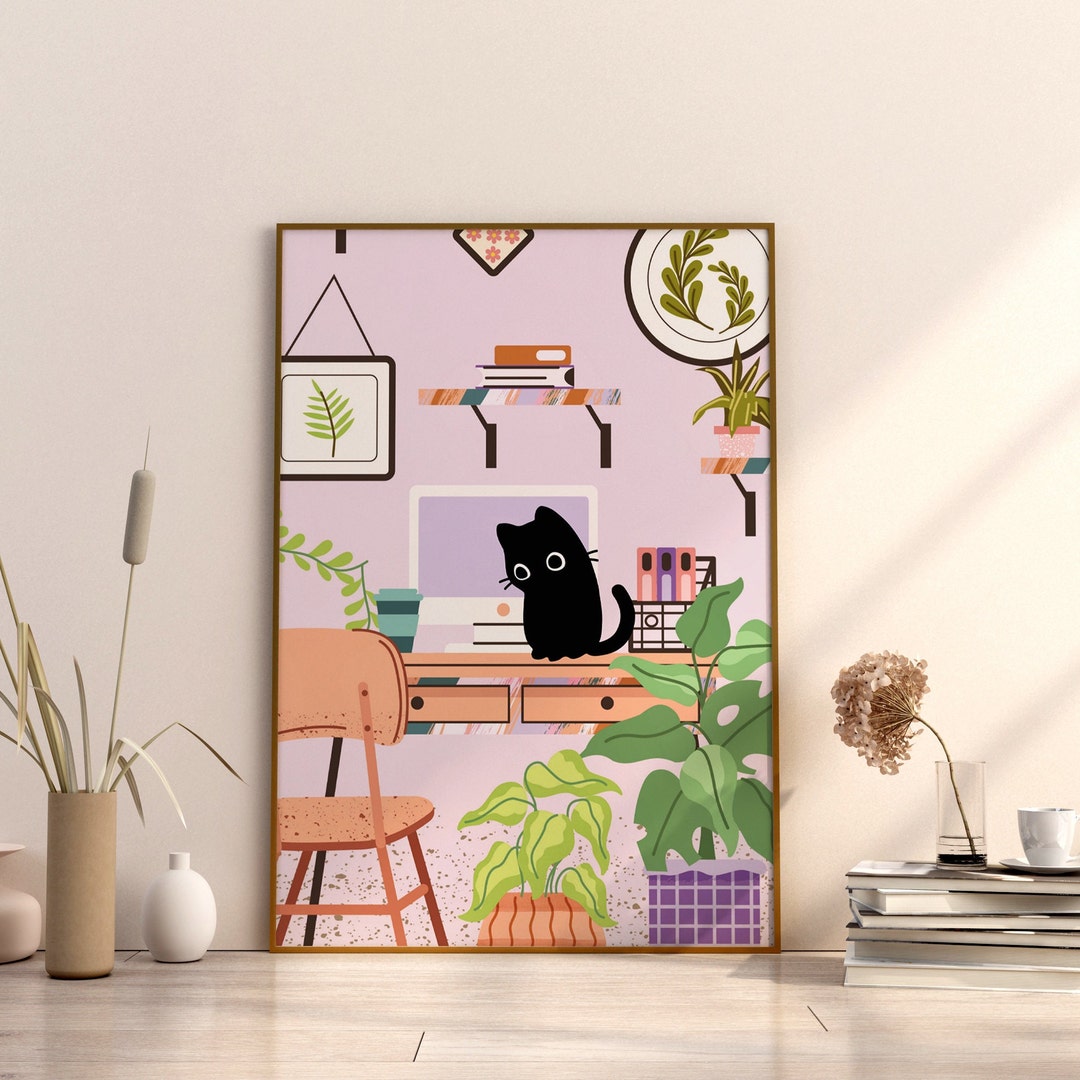 Katze Büro Wand Kunst schwarze Katze Wohnzimmer Dekor Katze Boho ...