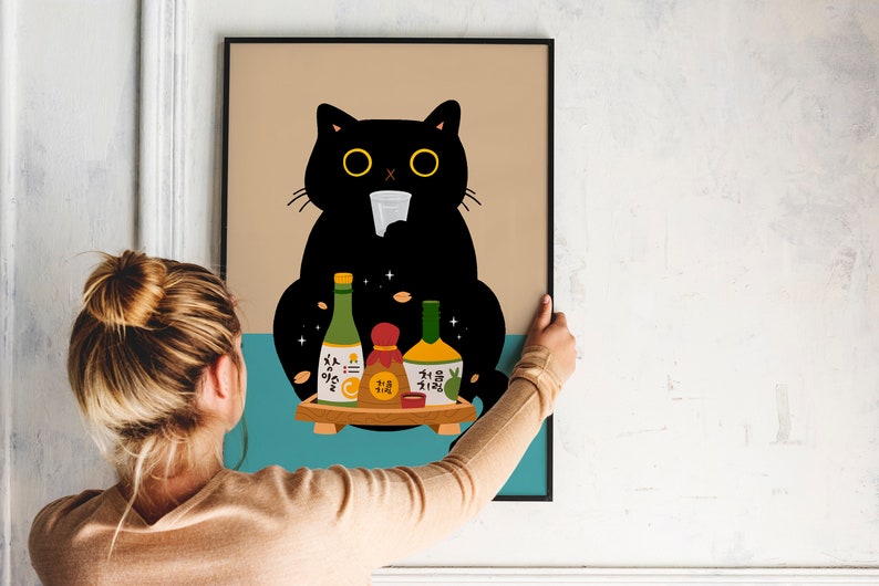 Korean Food Soju Alcohol Drinking Black Cat Print Cute Kitchen - Etsy