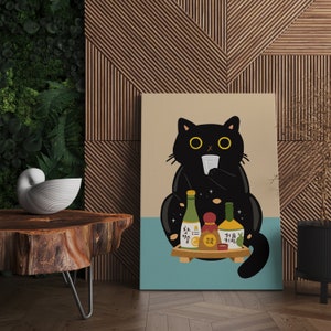 Korean Food Soju Alcohol Drinking Black Cat Print Cute Kitchen Wall Art ...