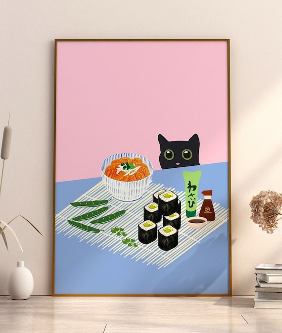 Japanese Cat Lover Unique Gift Maneki Neko Piece of Sushi Black Cat Print Poster Ramen Noodles Illustrated Print Kitchen Art Unframed Decor Etsy UK
