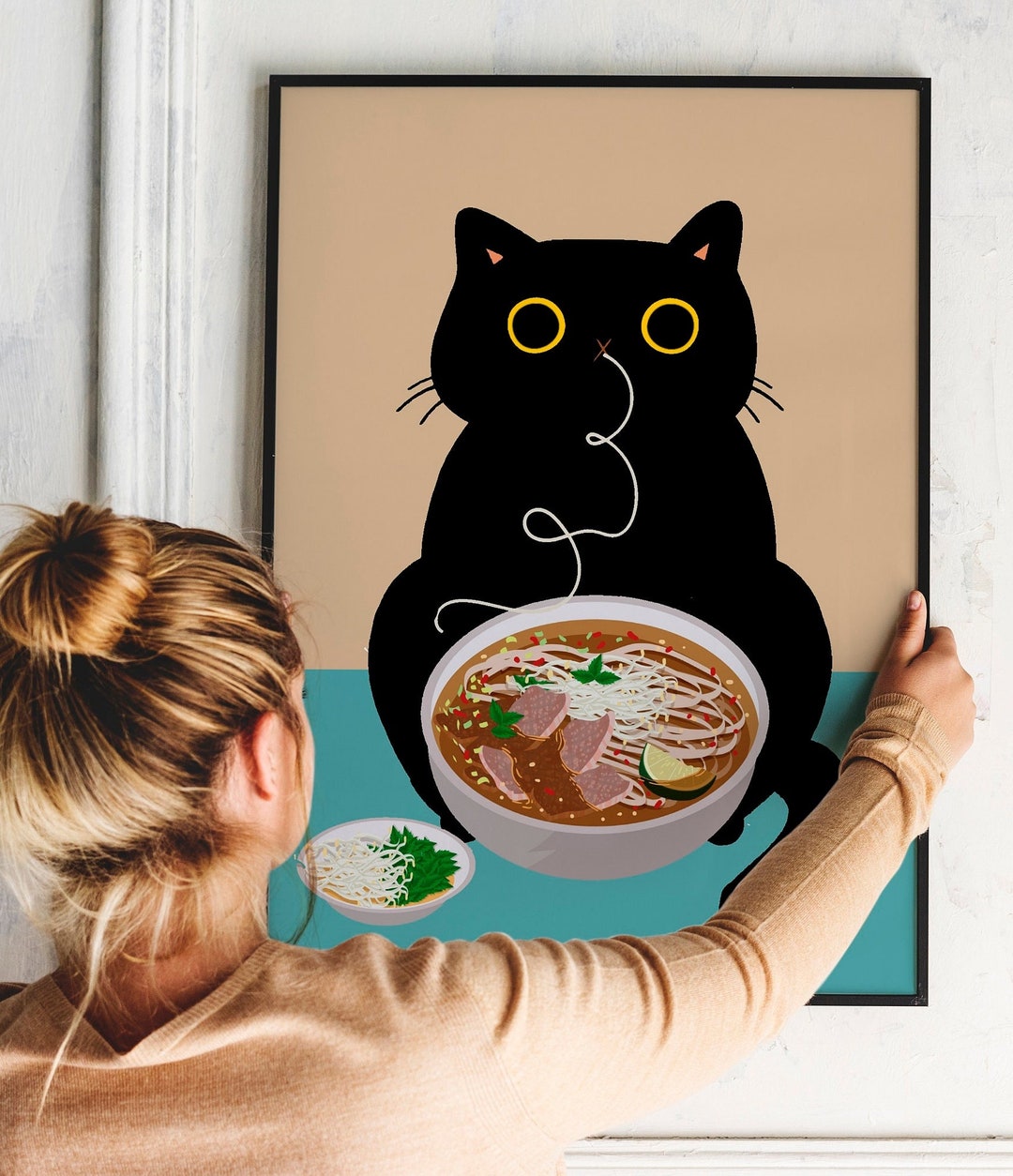 PRINTABLE Pho Life Cute Fat Black Cat Art Print Vietnamese Art Gift ...