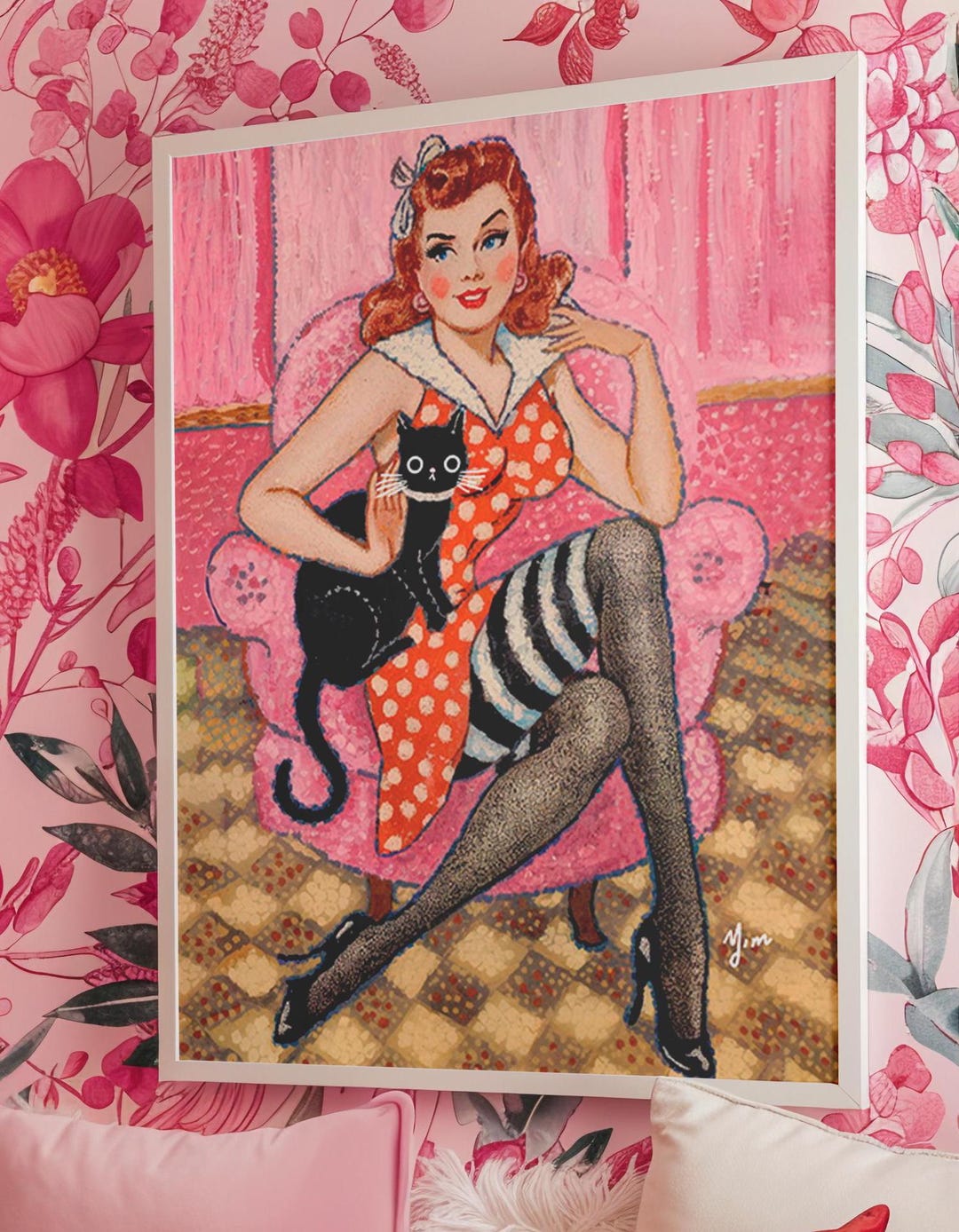 Cat Lady Print Red Hair Woman Holding Black Cat Vintage Cat Print Pink ...