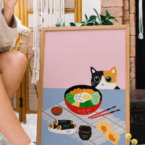 Bibimbap Kimchi Kimbap Calico Cat Print Korean Sushi Street Food Fish ...