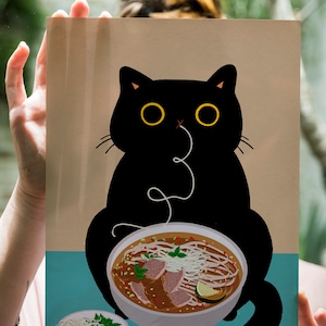 PRINTABLE Pho Life Cute Fat Black Cat Art Print Vietnamese Art Gift ...