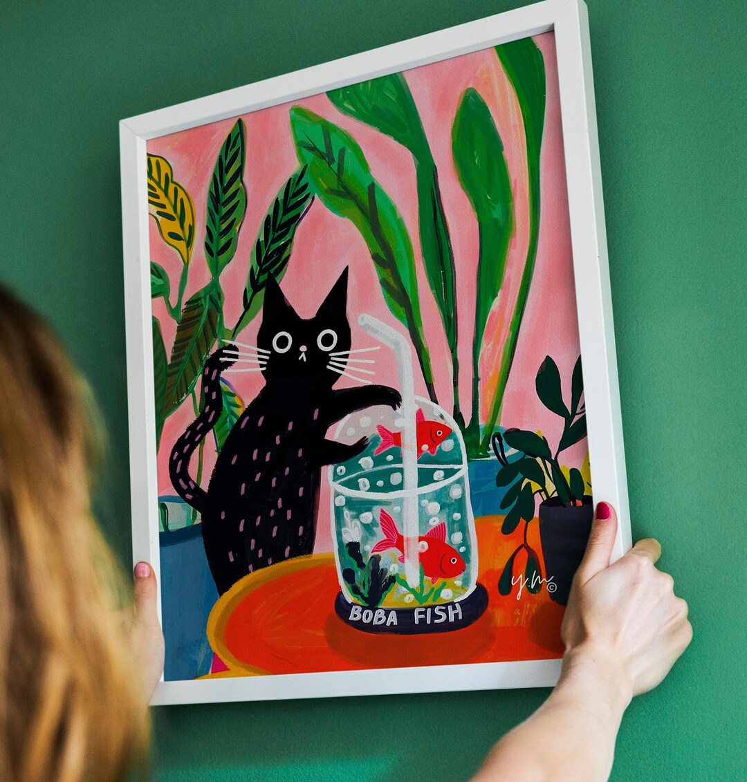 Cat and Fish Boba Fish Poster Bubble Tea Wall Art Goldfish Matisse ...