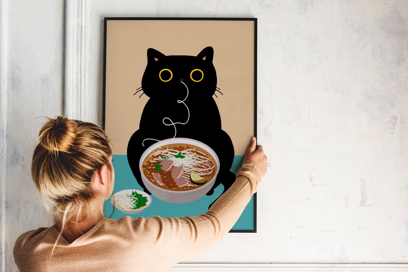 PRINTABLE Pho Life Cute Fat Black Cat Art Print Vietnamese Art - Etsy