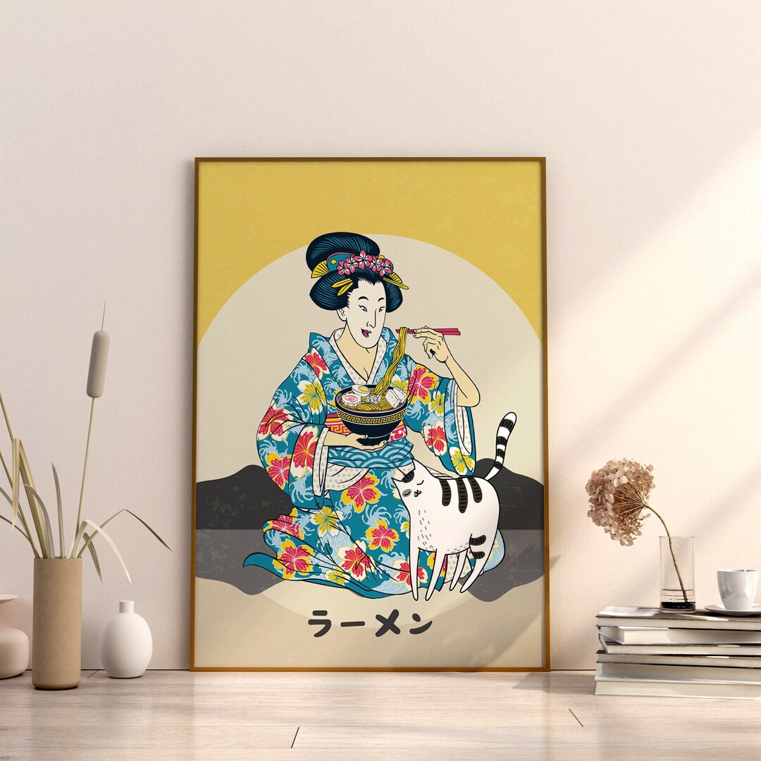 Japanese Food Woman Eating Ramen Cat Want Noodle Digital Print ...