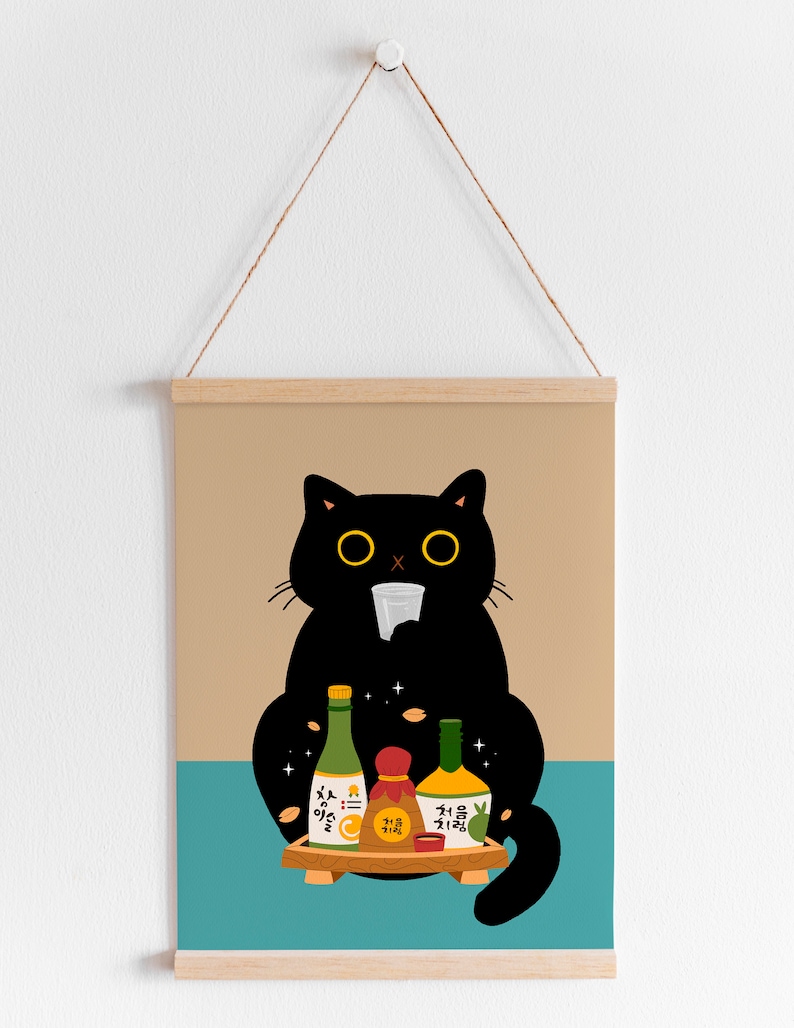Korean Food Soju Alcohol Drinking Black Cat Print Cute Kitchen - Etsy