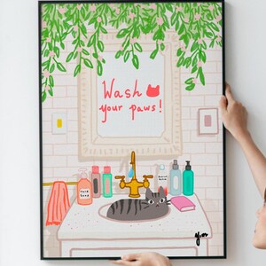 Wash Your Paws Print Cat Cute Bathroom Wash Room Childrens Washing up ...