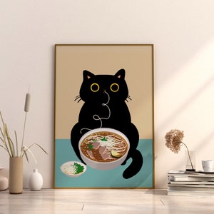 PRINTABLE Pho Life Cute Fat Black Cat Art Print Vietnamese Art Gift ...