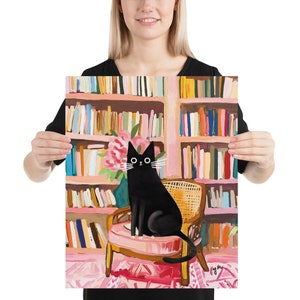 Vivid Colorful Cat and Book Poster Academia Decor Library Week Wall Art ...