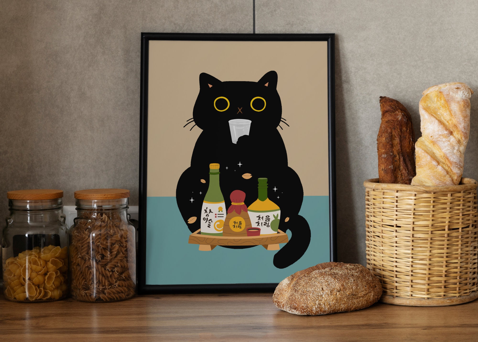 Korean Food Soju Alcohol Drinking Black Cat Print Cute Kitchen - Etsy