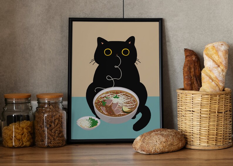 PRINTABLE Pho Life Cute Fat Black Cat Art Print Vietnamese Art - Etsy