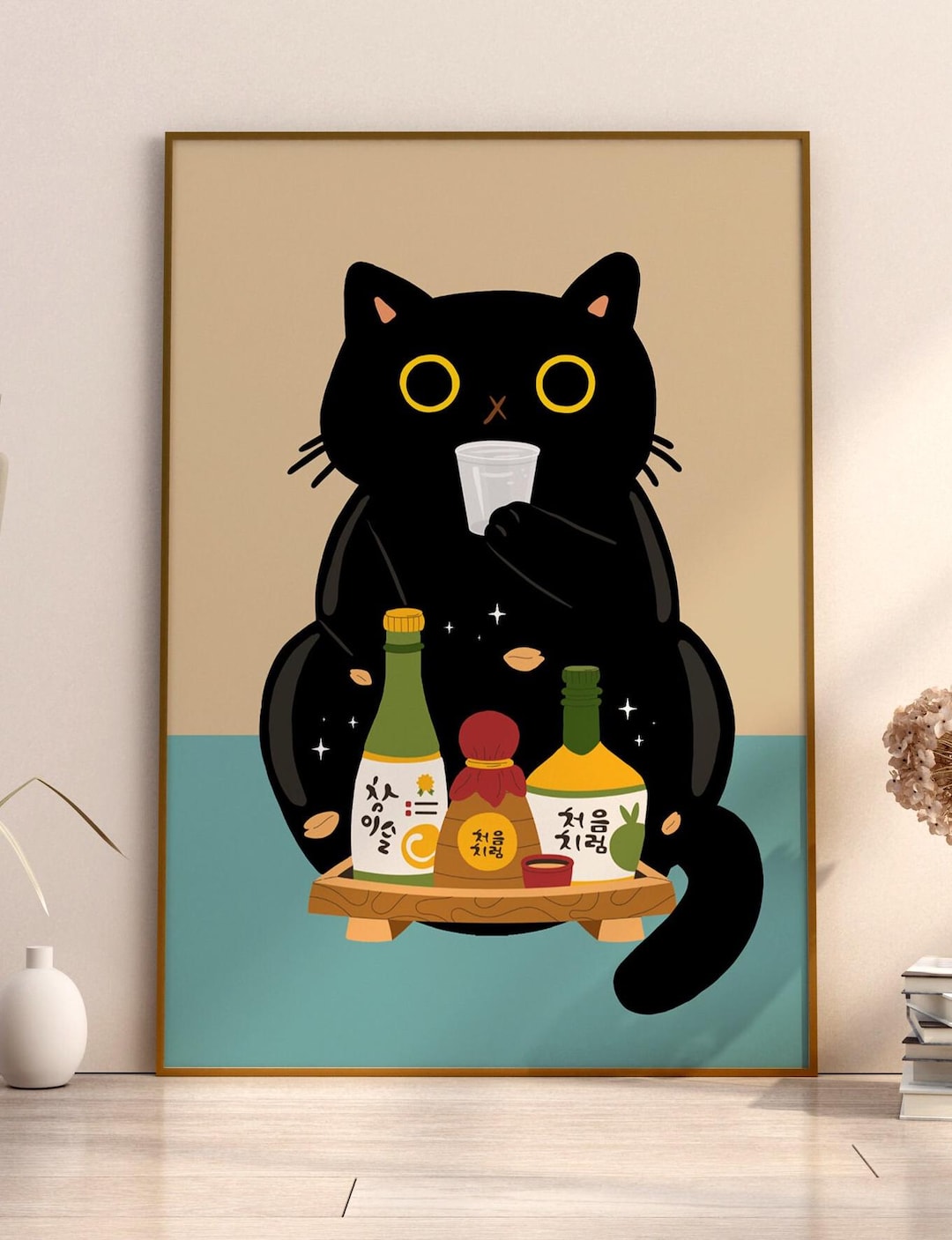 Korean Food Soju Alcohol Drinking Black Cat Print Cute Kitchen Wall Art ...