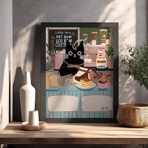 French Cafe Cat Print Kitchen Decor Coffee Lover Coffee Gift Printable ...
