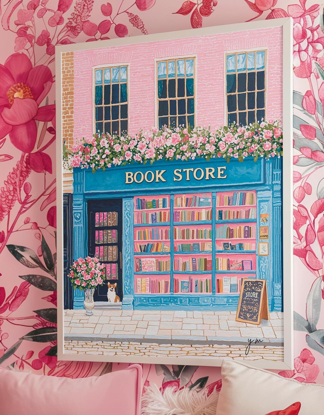 Pastel Bookstore Illustration Cozy Library Entrance Welsh Corgi Front Door Floral Vines Print ...