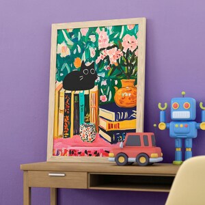 Vibrant Colorful Cat and Book Poster Academia Decor Library Week Wall ...