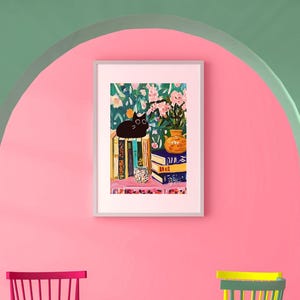 Vibrant Colorful Cat and Book Poster Academia Decor Library Week Wall ...