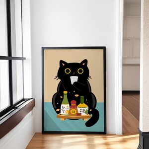 Korean Food Soju Alcohol Drinking Black Cat Print Cute Kitchen Wall Art ...