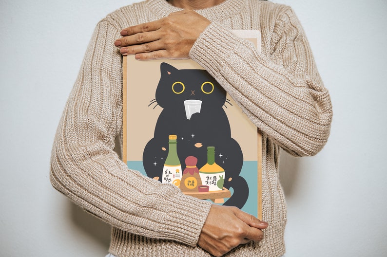 Korean Food Soju Alcohol Drinking Black Cat Print Cute Kitchen - Etsy