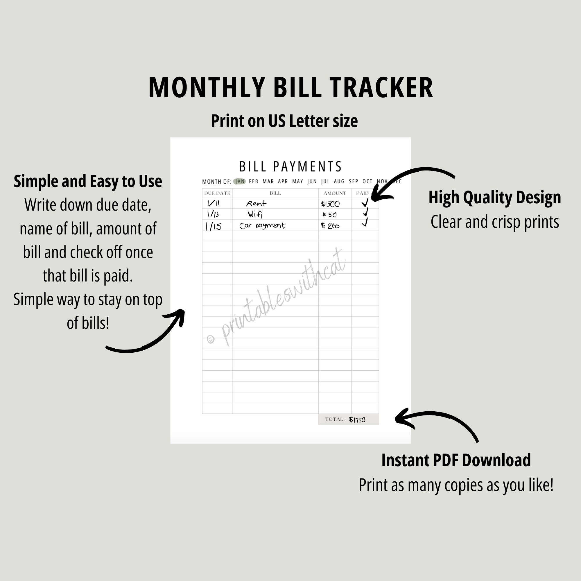 Monthly Bill Tracker | Printable PDF Download | US Letter Size | Bill ...