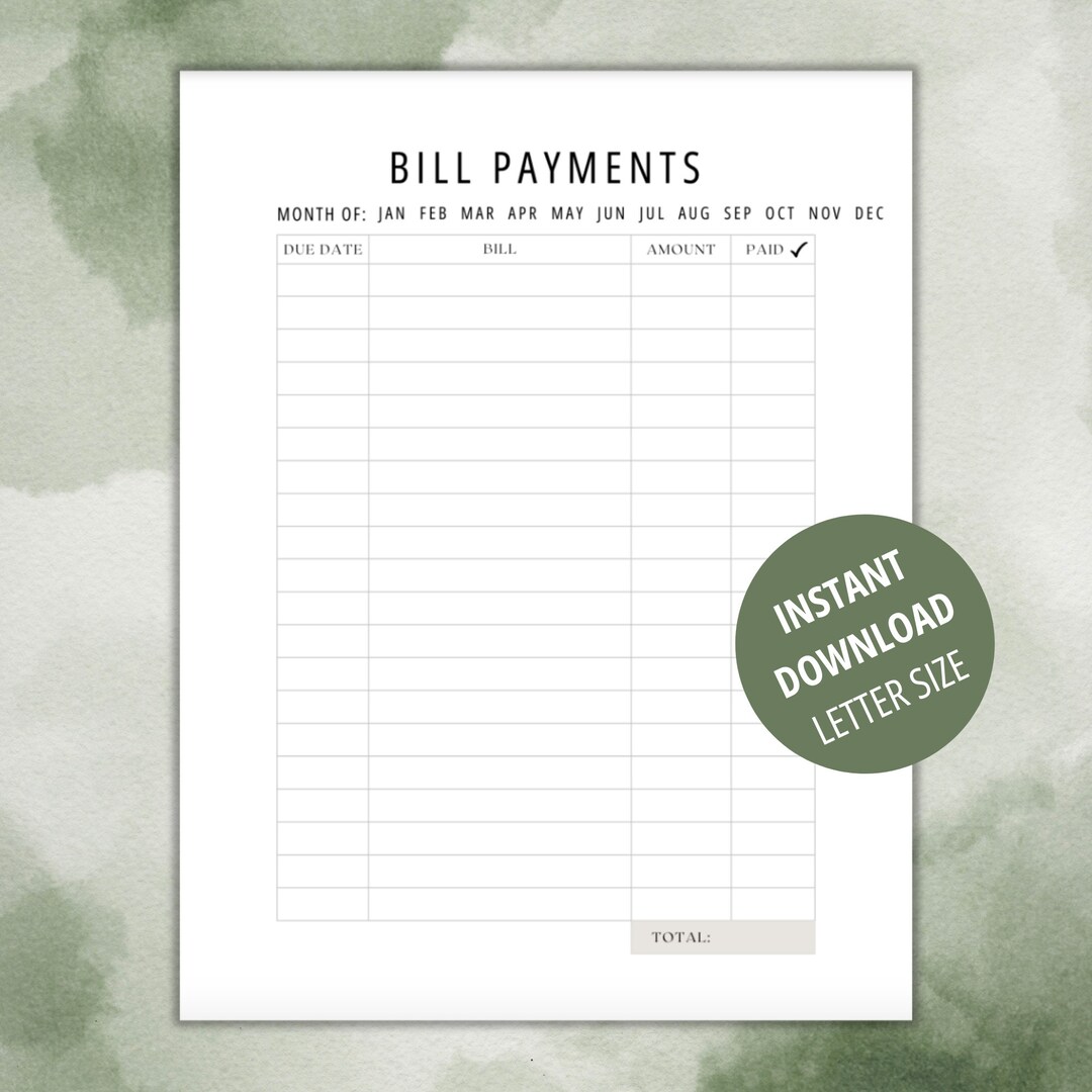 Monthly Bill Tracker | Printable PDF Download | US Letter Size | Bill ...