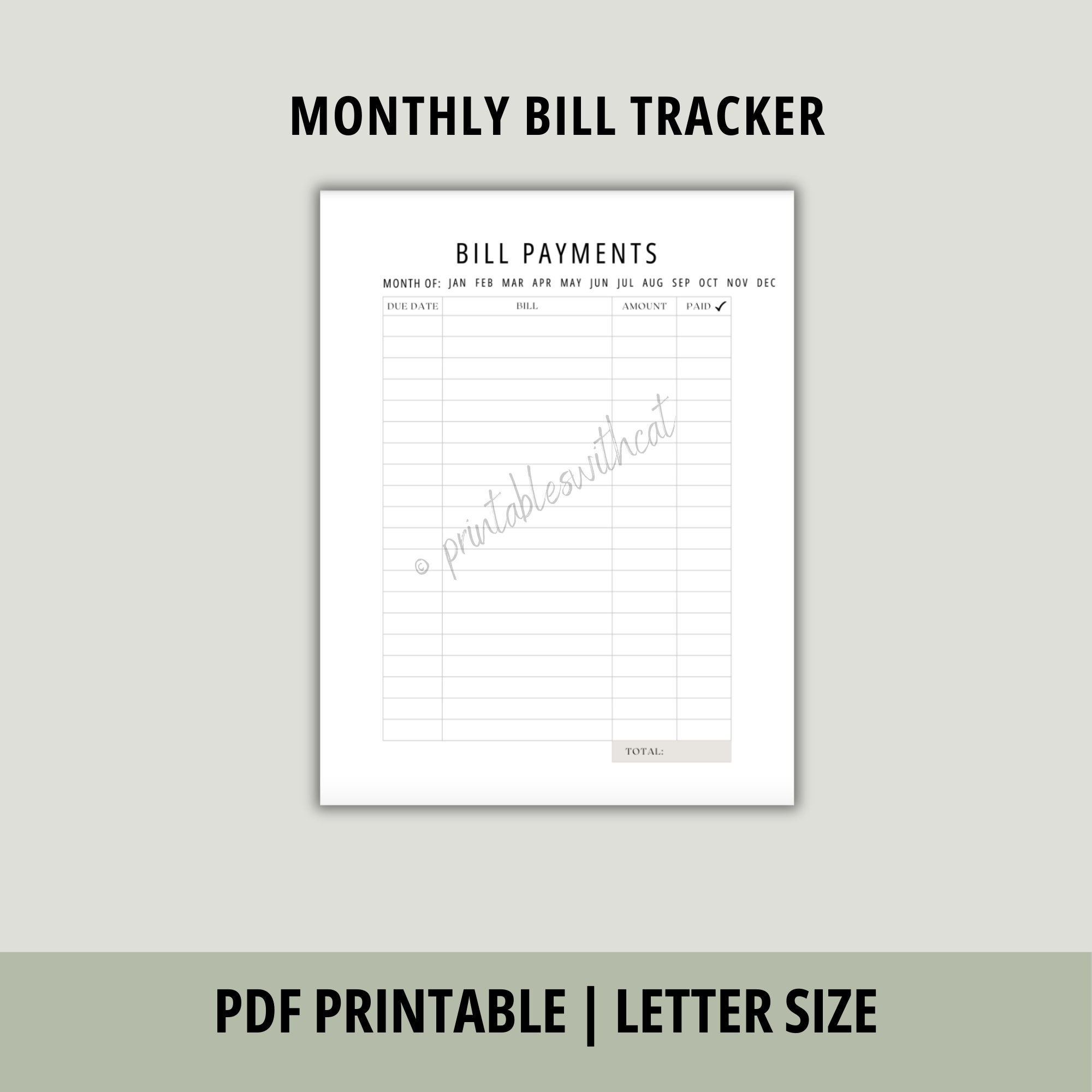 Monthly Bill Tracker | Printable PDF Download | US Letter Size | Bill ...